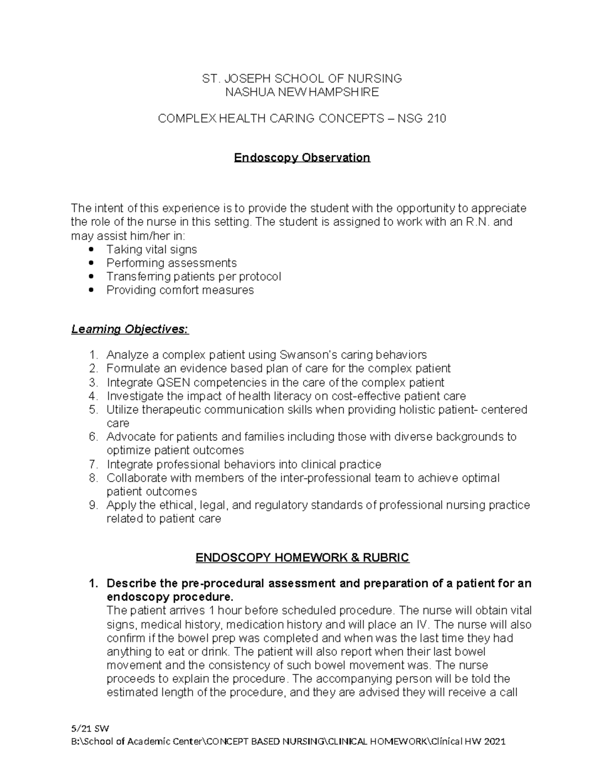 Endoscopy Observation Experience and Rubric (NSG 210) - Studocu