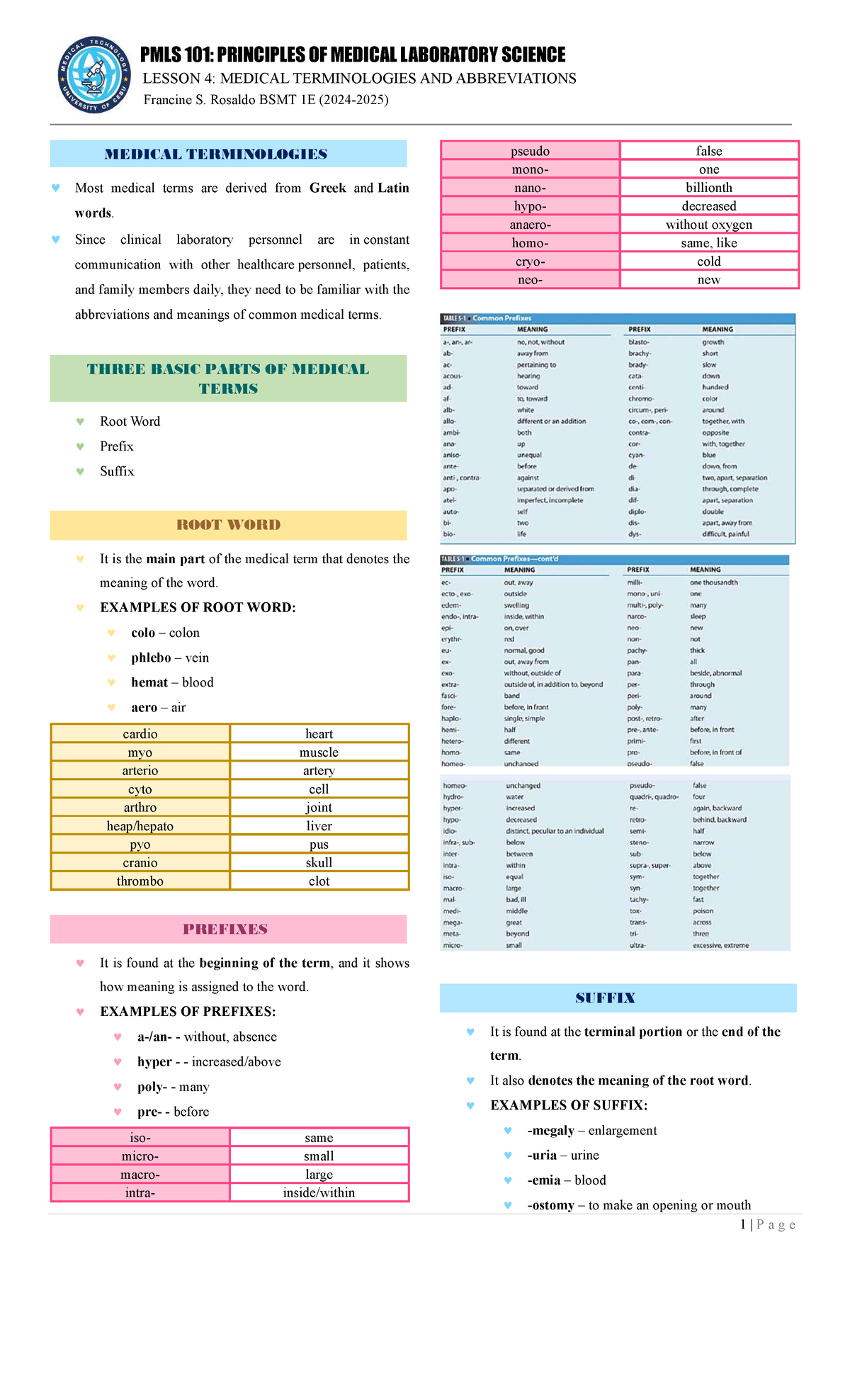 PMLS Lesson 4 notes - LESSON 4: MEDICAL TERMINOLOGIES AND ABBREVIATIONS ...