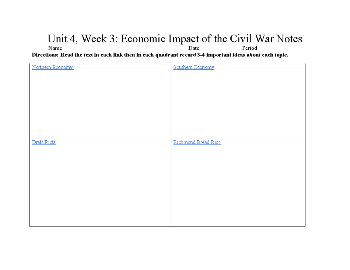 U4W3 Economic Impact of the Civil War - Memmlers - Northern Economy ...