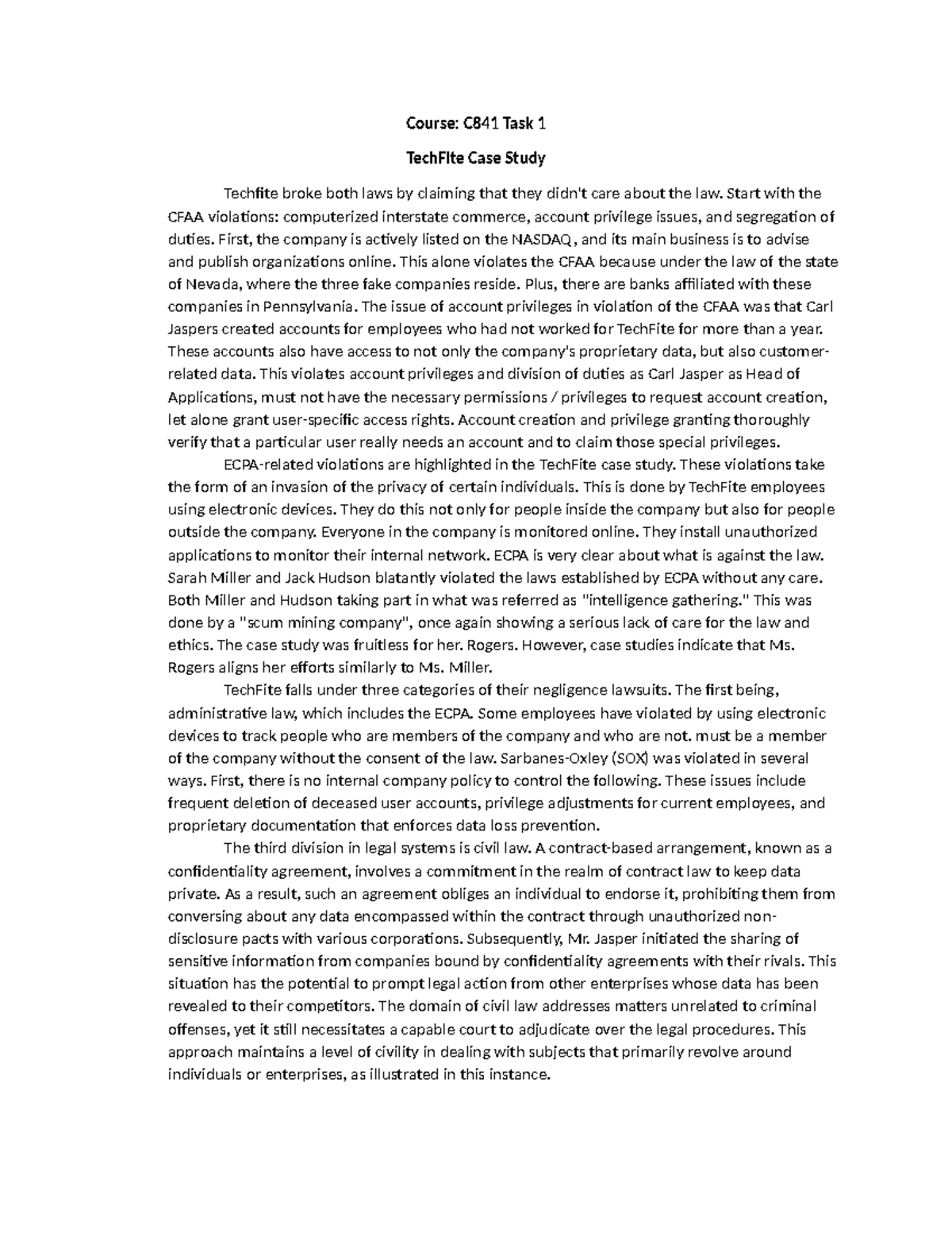 C841 Task 1 - This is for task 1 - Course: C841 Task 1 TechFite Case ...