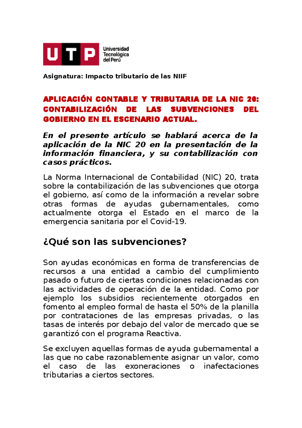 Caso Práctico: Contabilización de Subsidios según NIC 20 - Studocu
