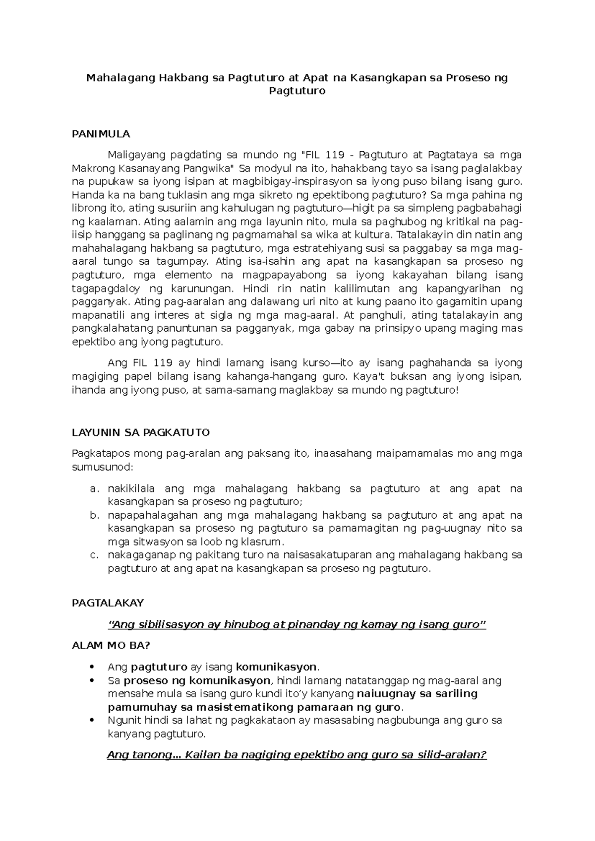 Mahalagang Hakbang at Kasangkapan sa Pagtuturo (FIL 119) - Studocu