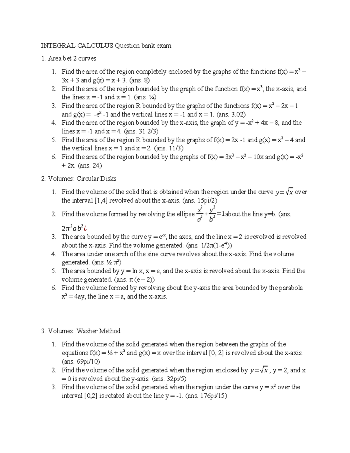 Integral Calculus Question bank exam summer - INTEGRAL CALCULUS ...