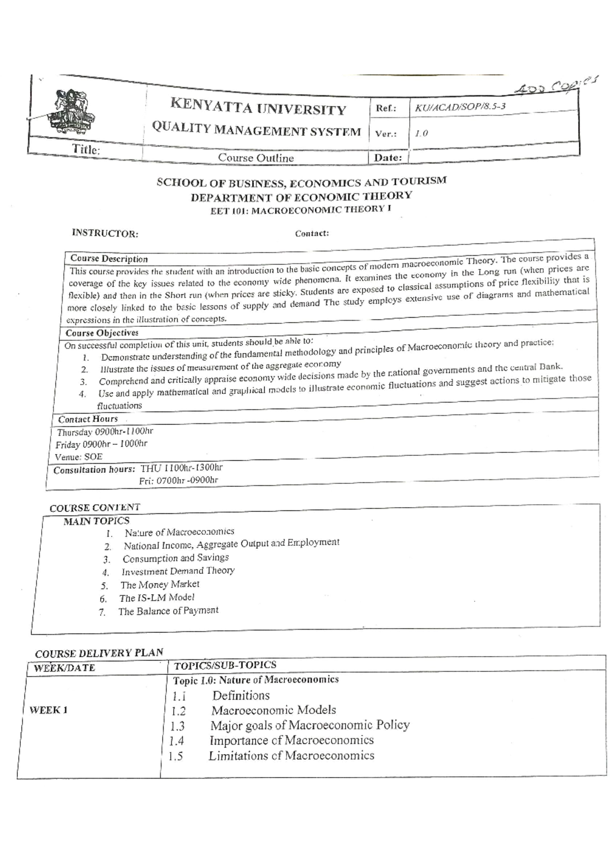 EET 101: Macroeconomic Theory I - Course Content & Lecture Notes 2025/ ...