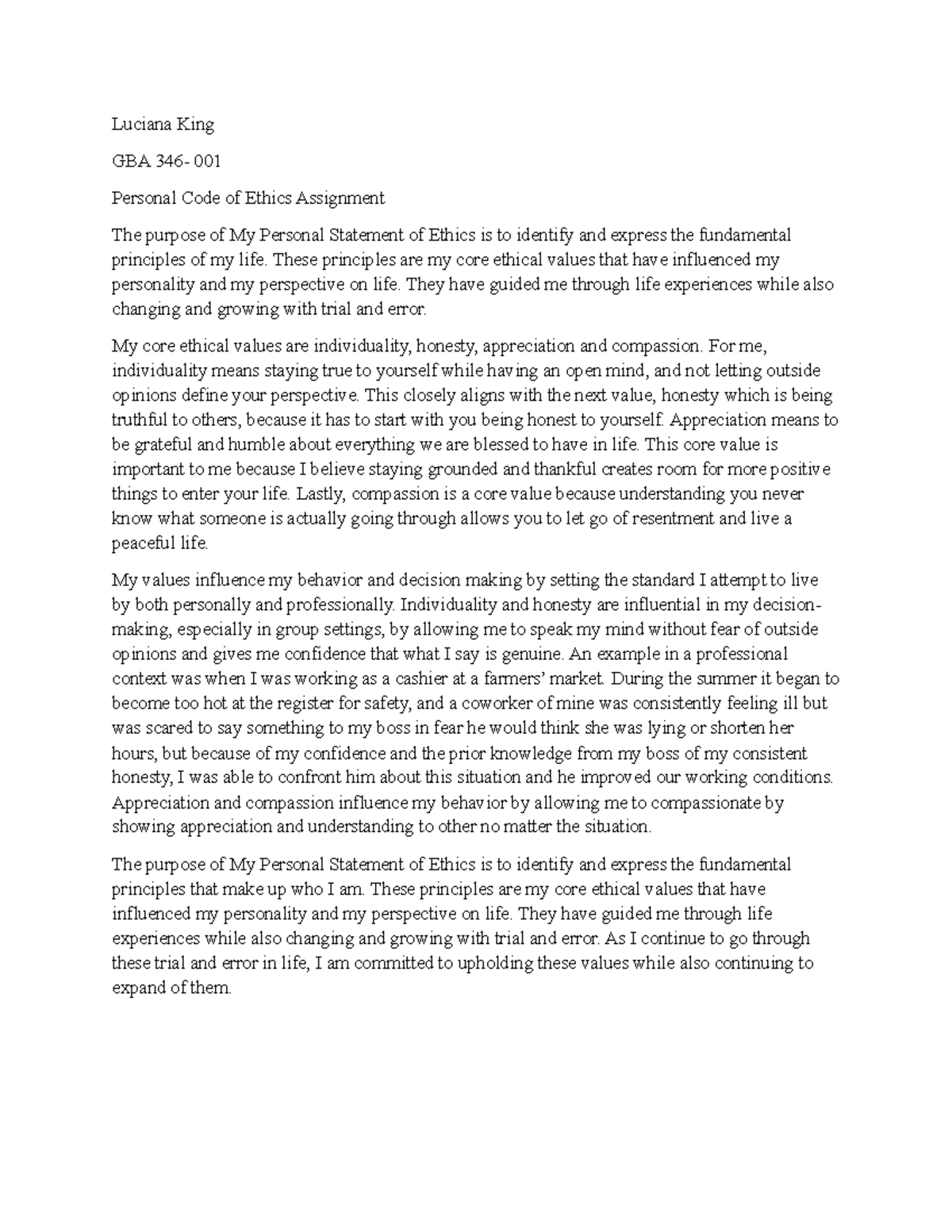 GBA 001 Personal Code of Ethics Assignment: My Core Values - Studocu