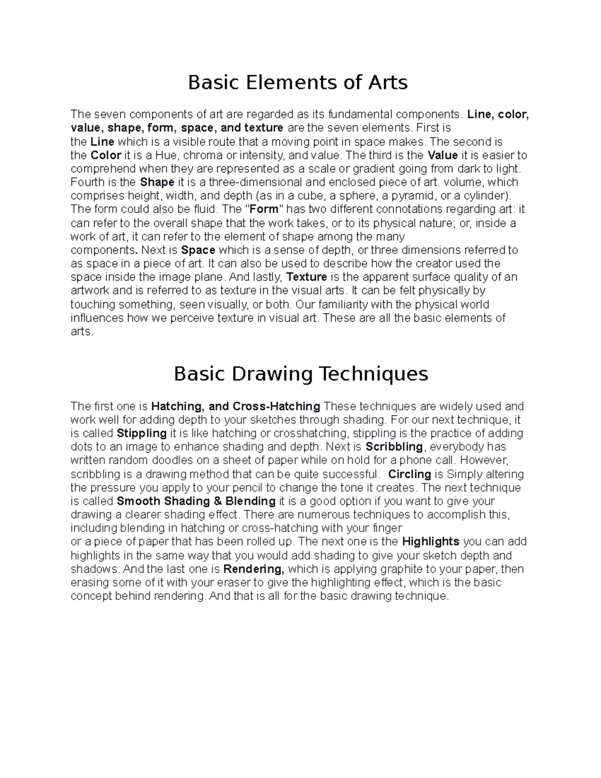 Basic Elements of Arts: Fundamental Drawing Techniques Explained - Studocu