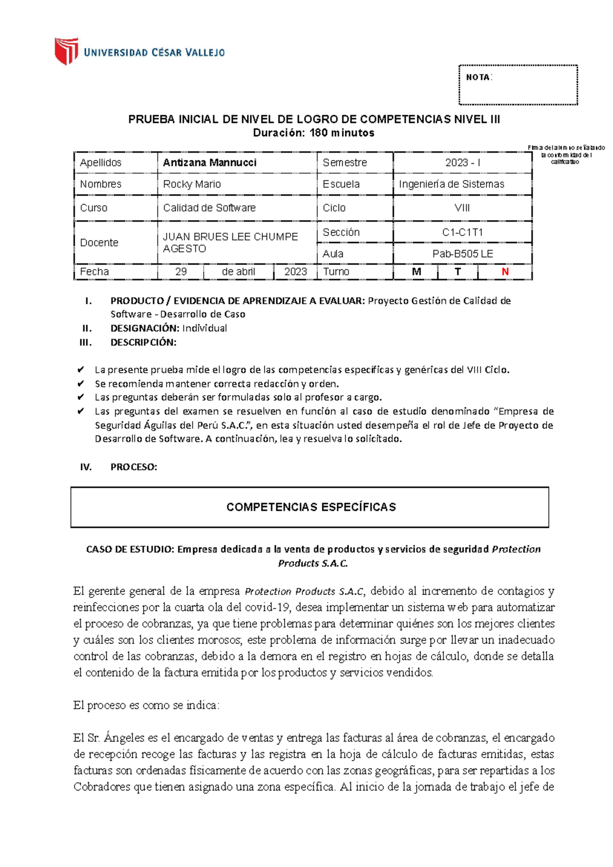 Prueba Inicial PNL III 2023-1 - PRUEBA INICIAL DE NIVEL DE LOGRO DE COMPETENCIAS NIVEL III ...