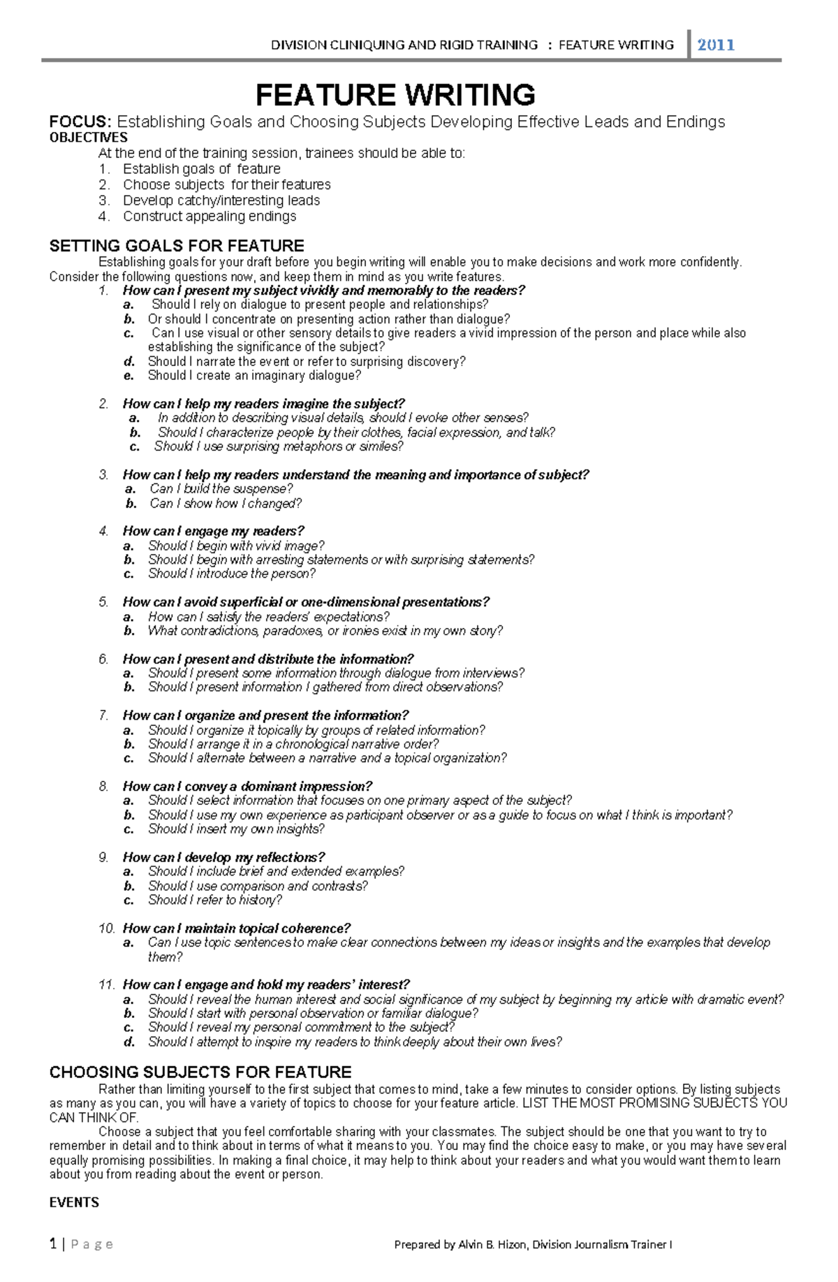 DIVISION CLINIQUING AND RIGID TRAINING: FEATURE WRITING MODULE 1 - Studocu