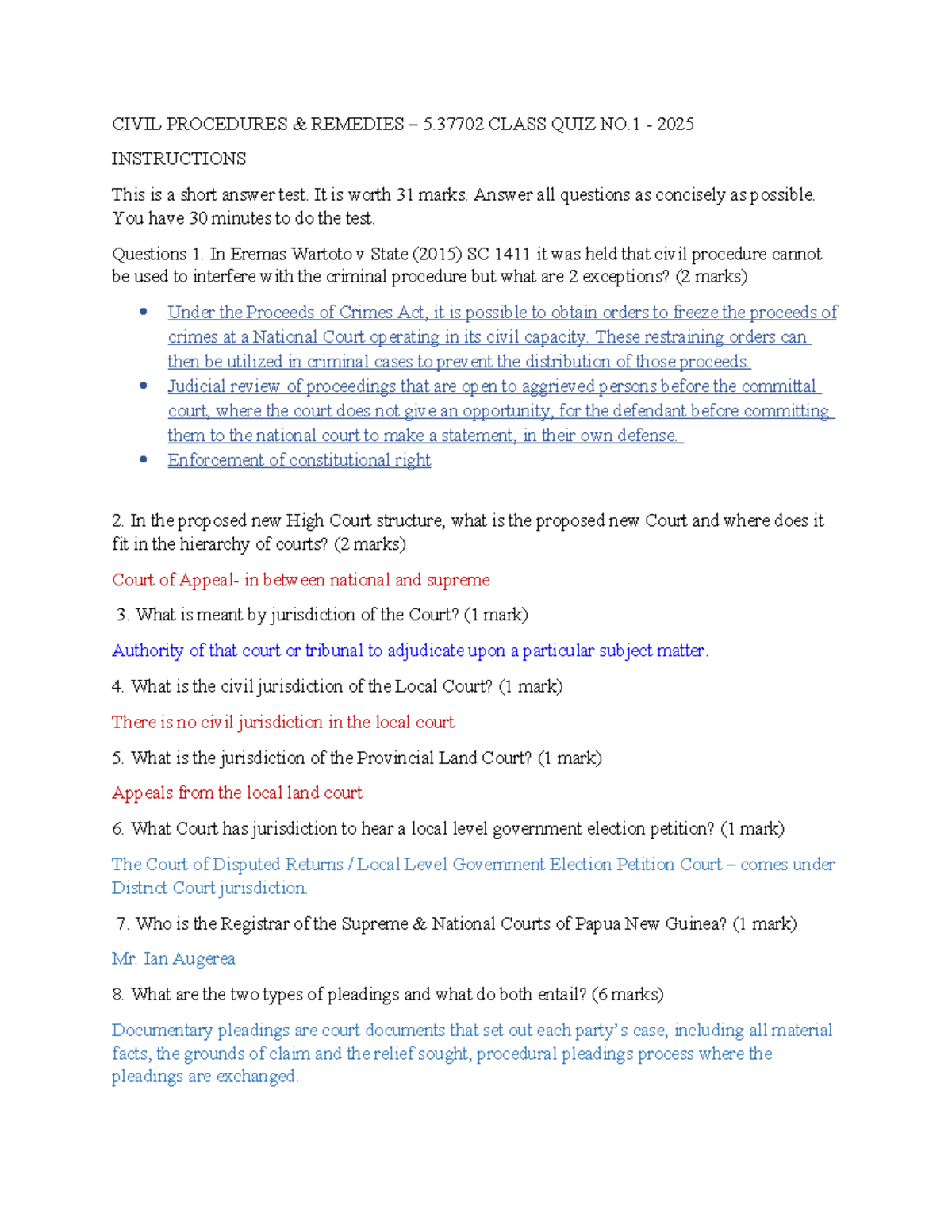 CIVIL PROCEDURES & REMEDIES - QUIZ NO. 2025 Study Guide - Studocu