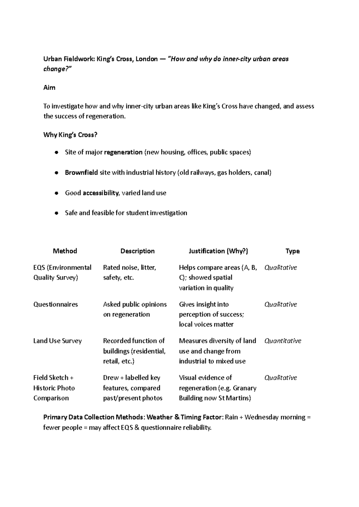 Geography Fieldwork: Urban Regeneration Study of Cross, London - Studocu