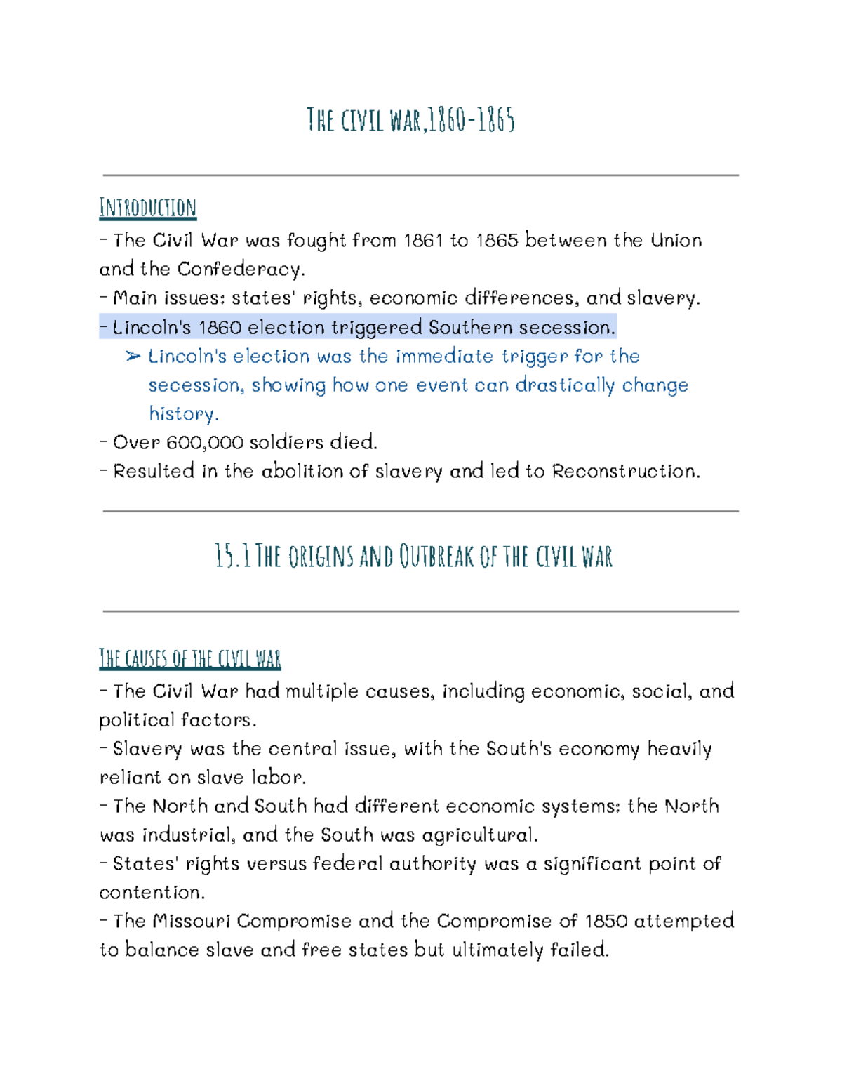 Civil War Overview: Causes, Key Events, and Outcomes (HIST 15) - Studocu