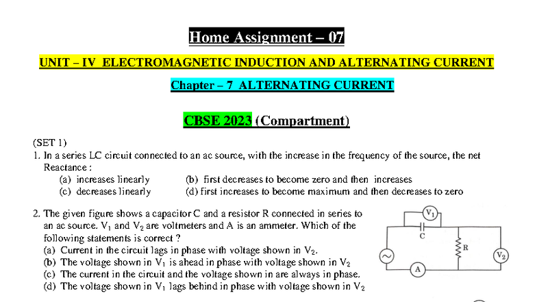 AISSCE Assignment CH-07: Electromagnetic Induction & AC Concepts - Studocu