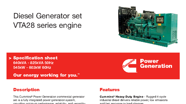 DATA Sheet for Cummins VTA28 Series Generator Set Specifications - Studocu