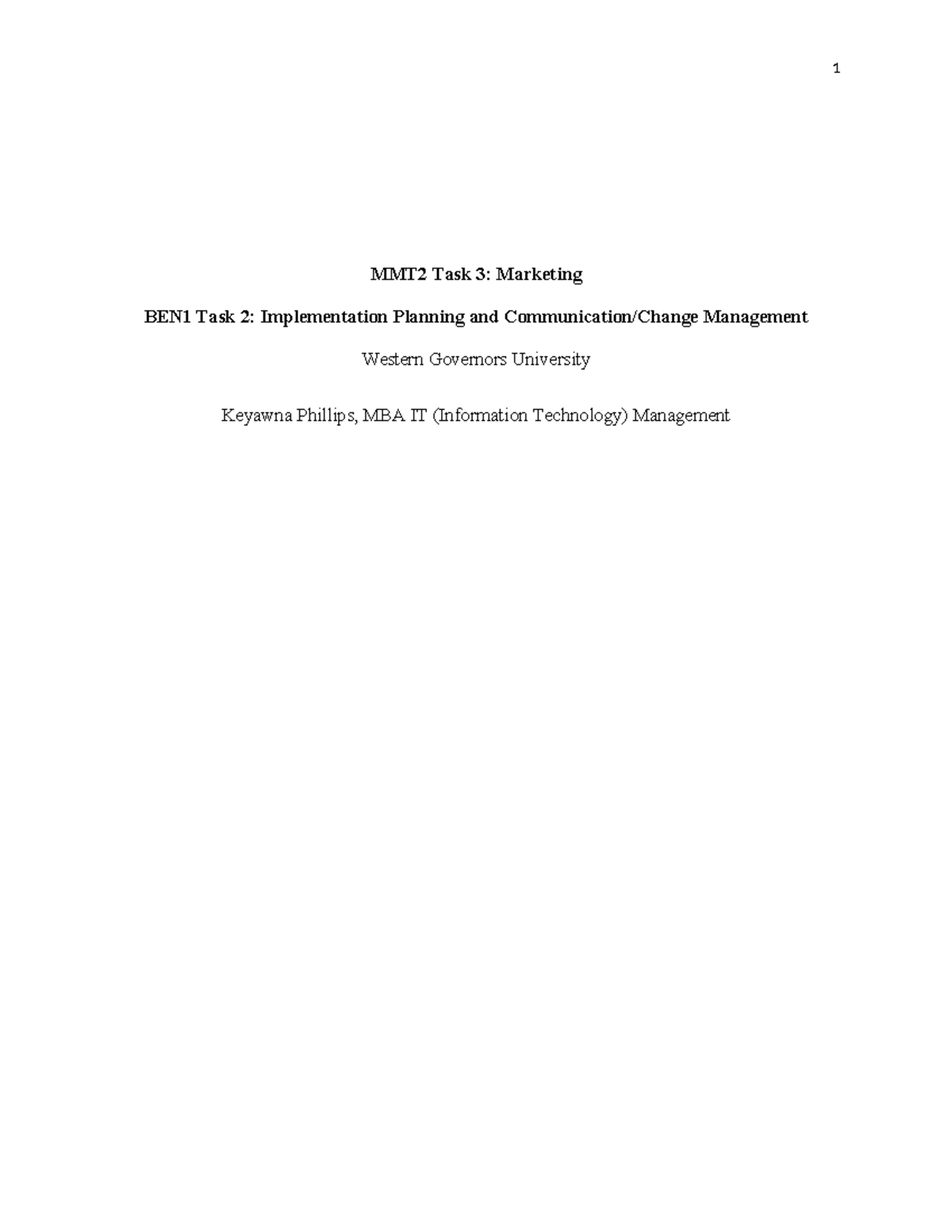 MMT2 Task 3 Finished - Task 3 - MMT2 Task 3: Marketing BEN1 Task 2: Implementation Planning and ...