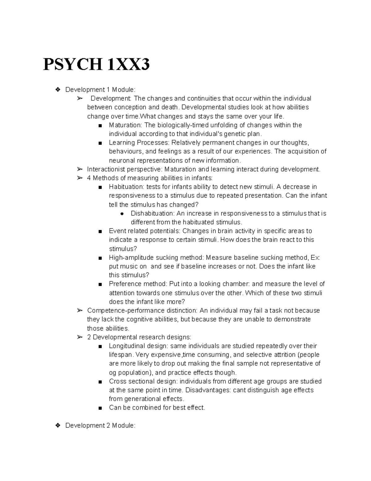 PSYCH 1XX3 Lecture & Module Notes: Development & Neuroscience (Weeks 1 ...