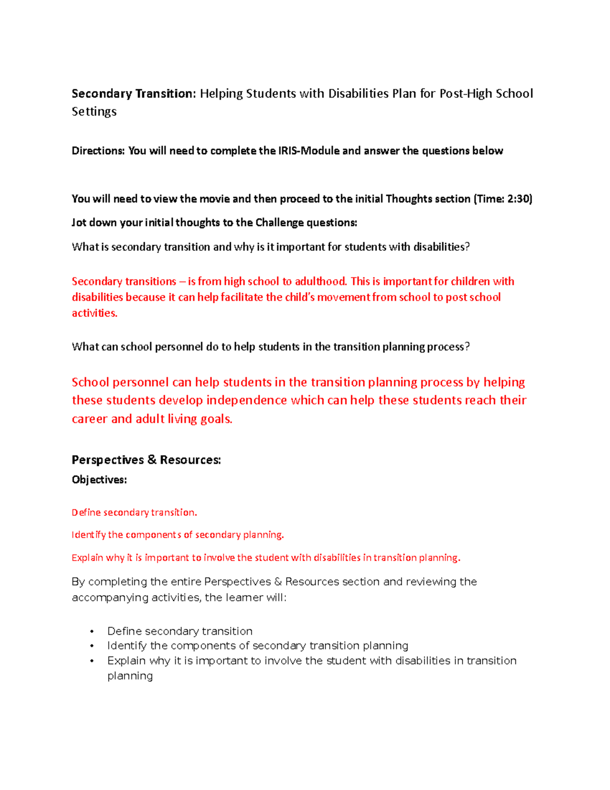 Secondary Transition Planning for Students with Disabilities - HC - Studocu