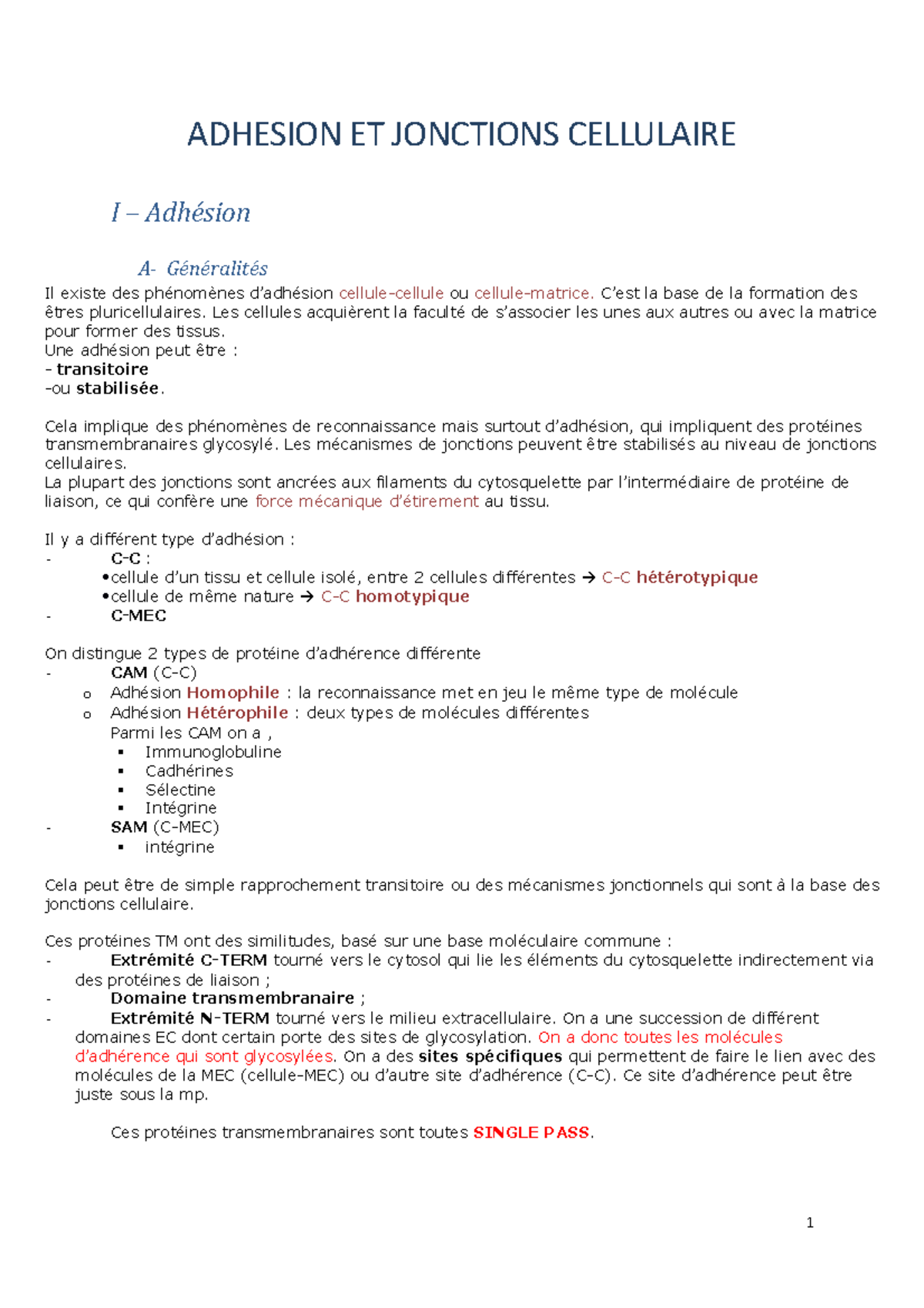 Cours l'adhésion et les jonctions cellulaires - ADHESION ET JONCTIONS ...