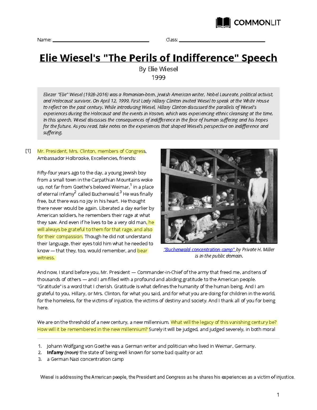 Text-Dependent Questions on Elie Wiesel's 'The Perils of Indifference ...