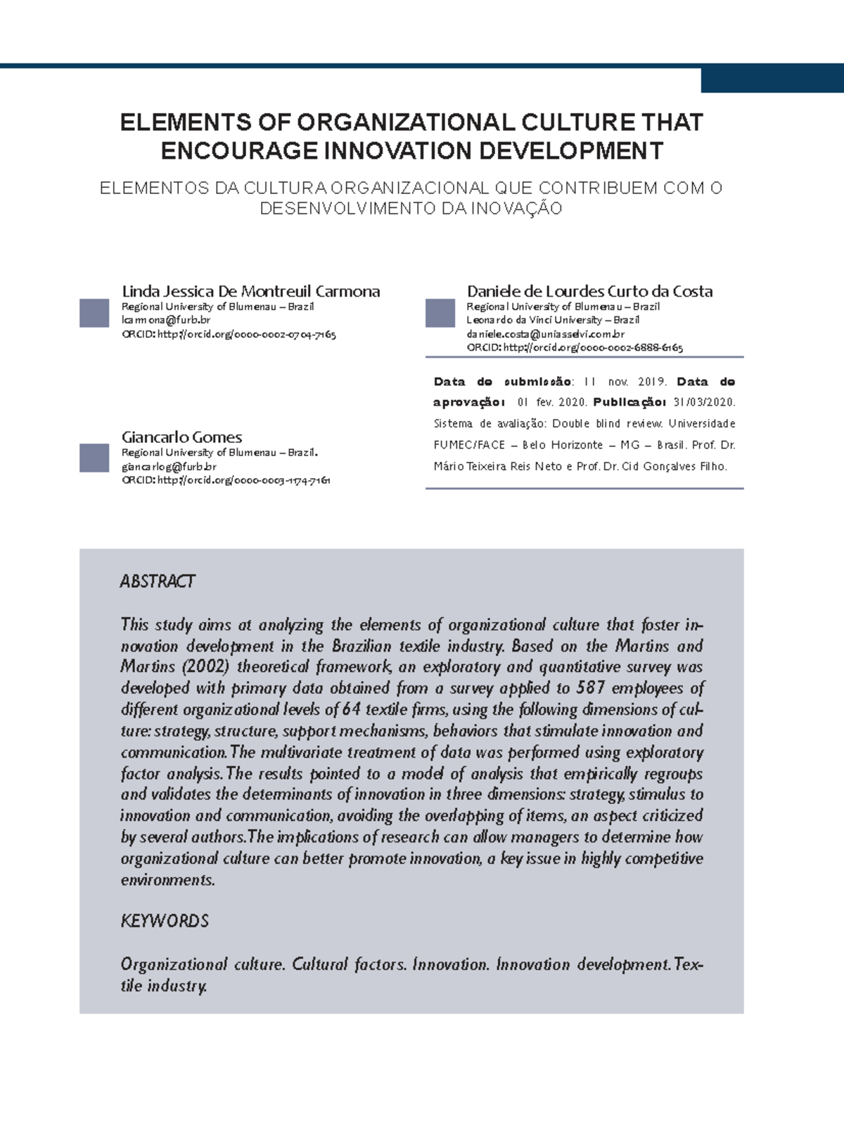 Elements of Organizational Culture Promoting Innovation in Textiles (R ...