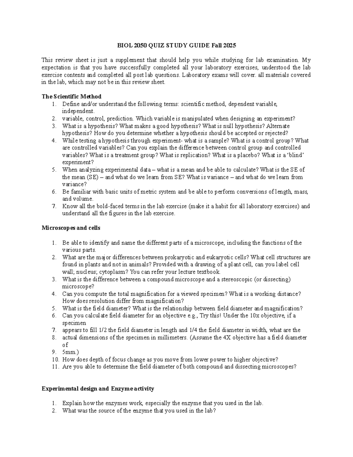BIOL 2050 QUIZ STUDY GUIDE - Fall 2025 Lab Exam Prep - Studocu