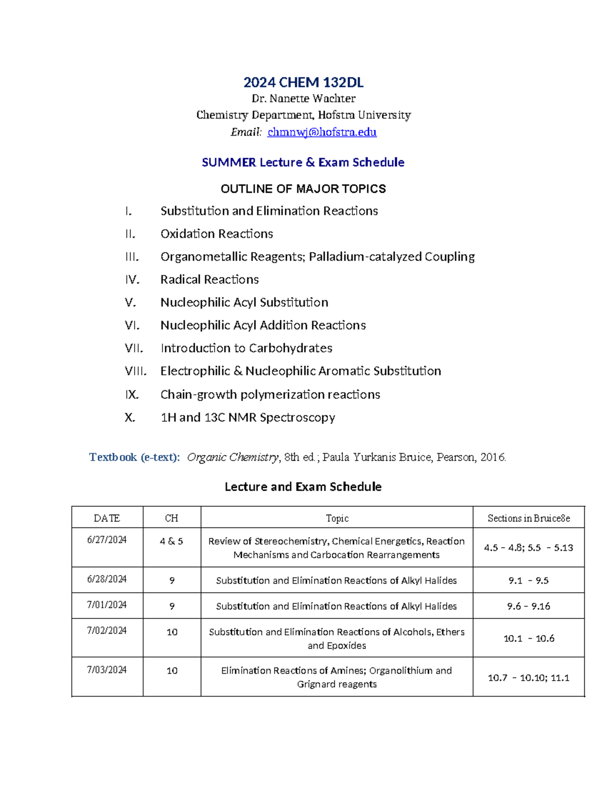 2024 CHEM 132DL Summer Lecture Exam Schedule and Topics Outline - Studocu