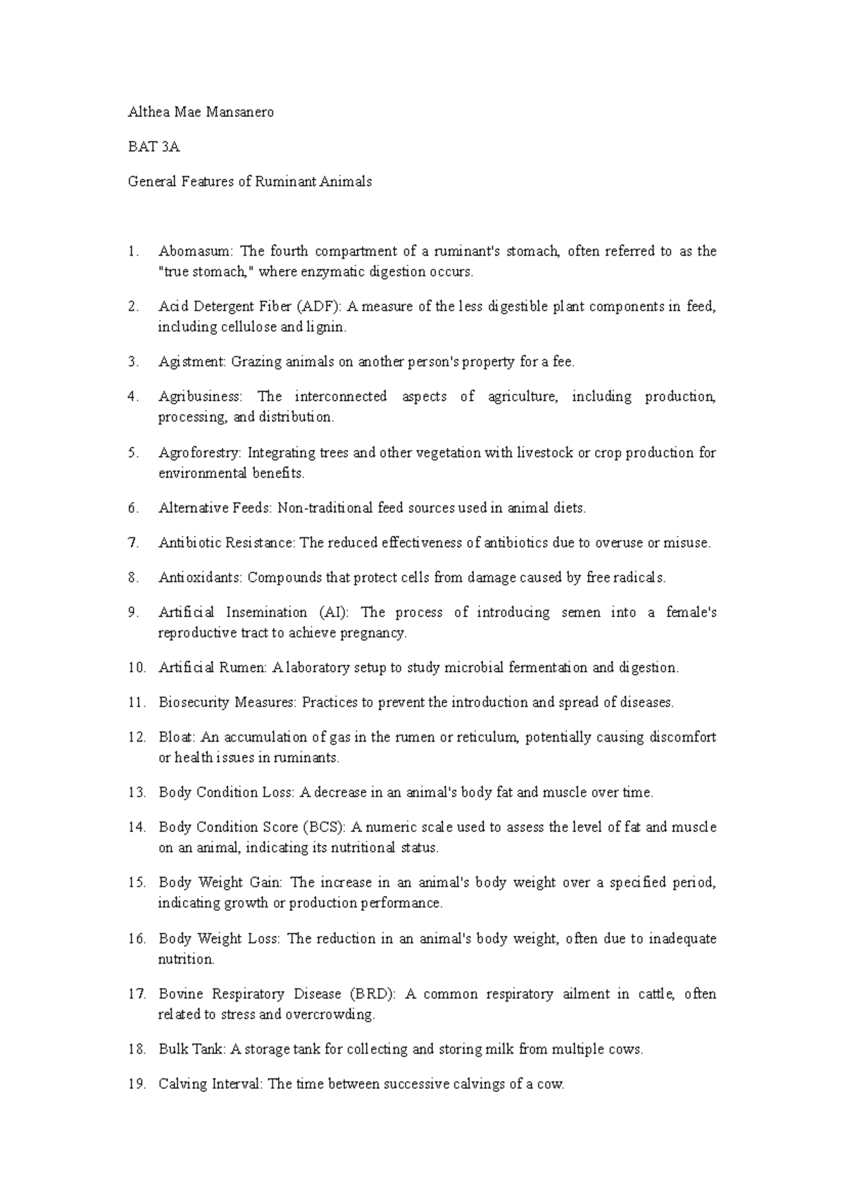 Ruminant Animal Terminologies: A Comprehensive Overview (BAT 3A) - Studocu