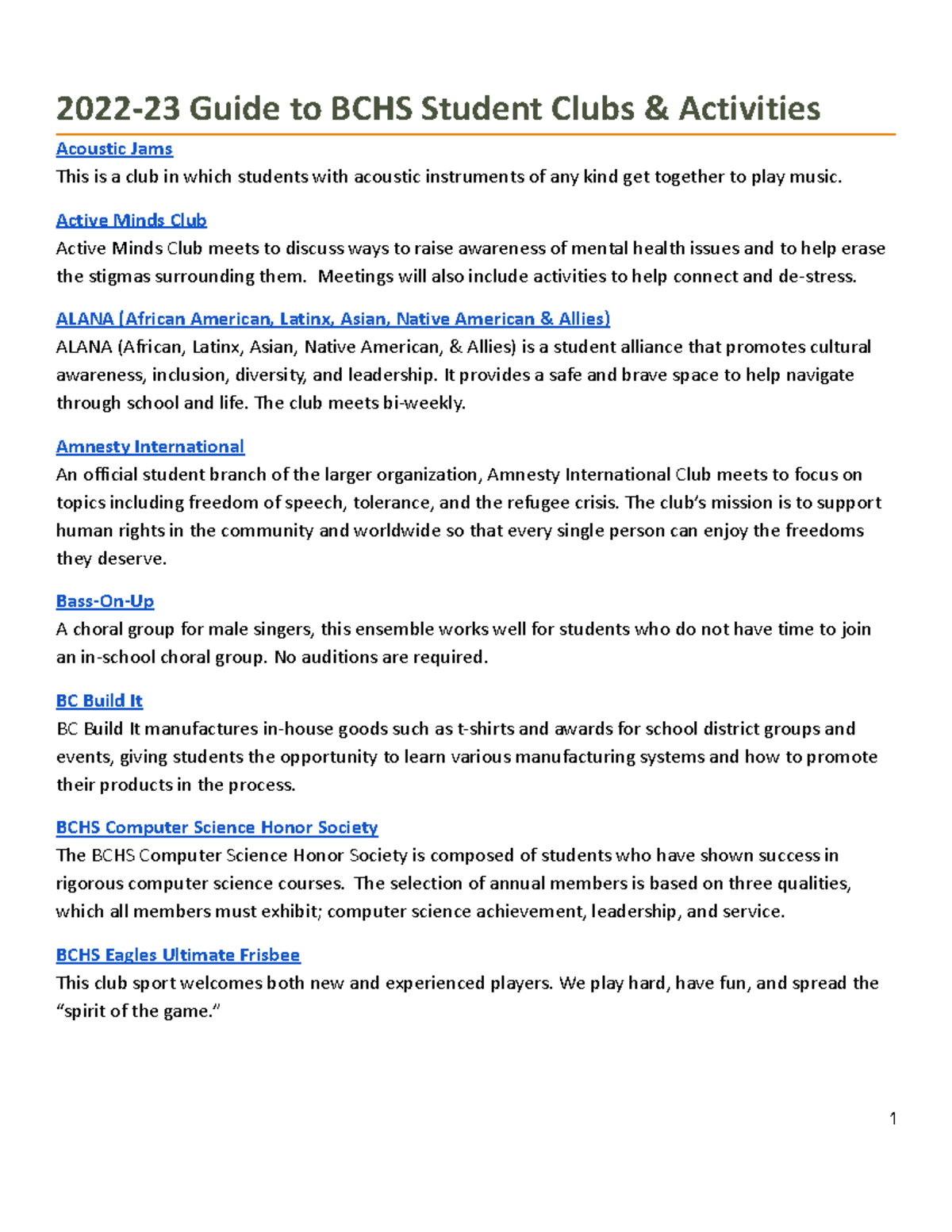 BCHS 2022-23 High School Club Descriptions and Activities Overview ...
