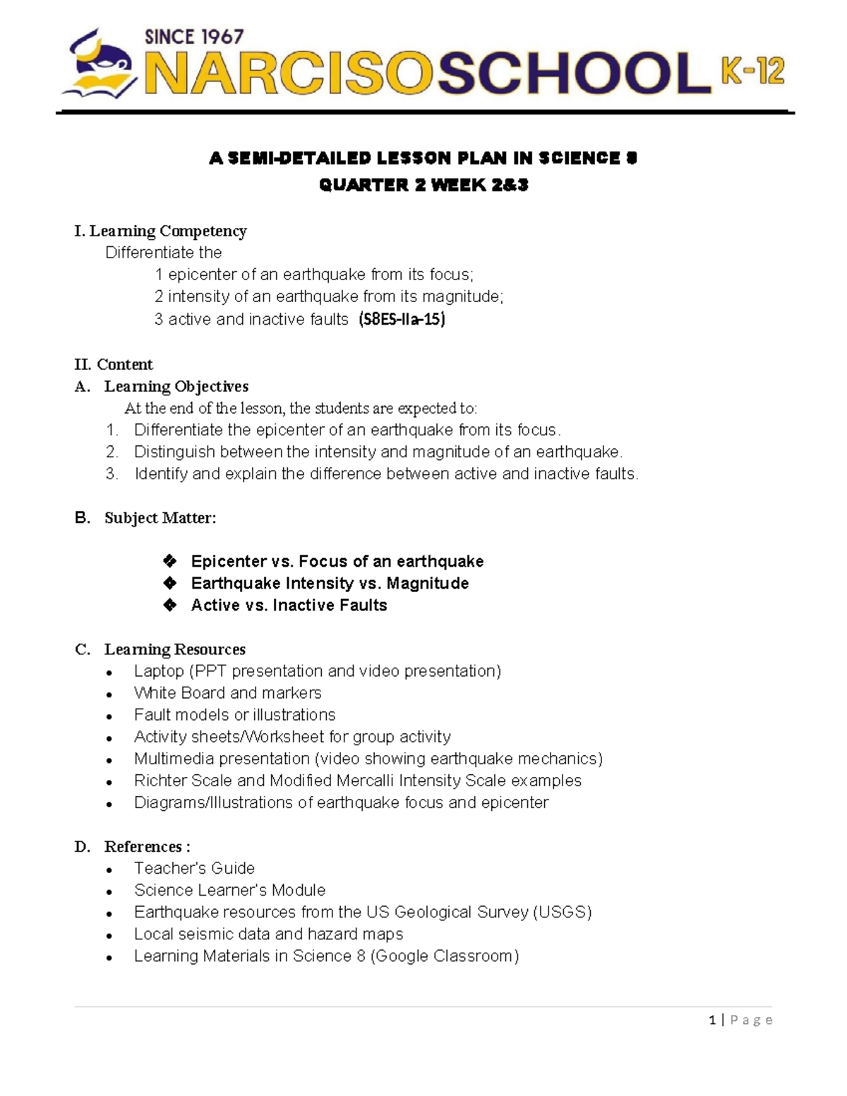 Science 8 Lesson Plan: Earthquake Epicenter, Intensity & Faults - Studocu