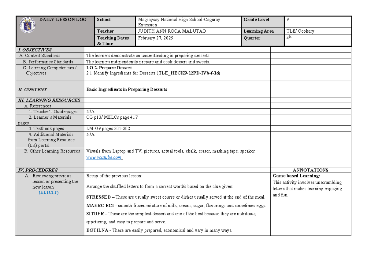 LP - Daily Lesson Log on Basic Ingredients of Desserts for Grade 9 ...