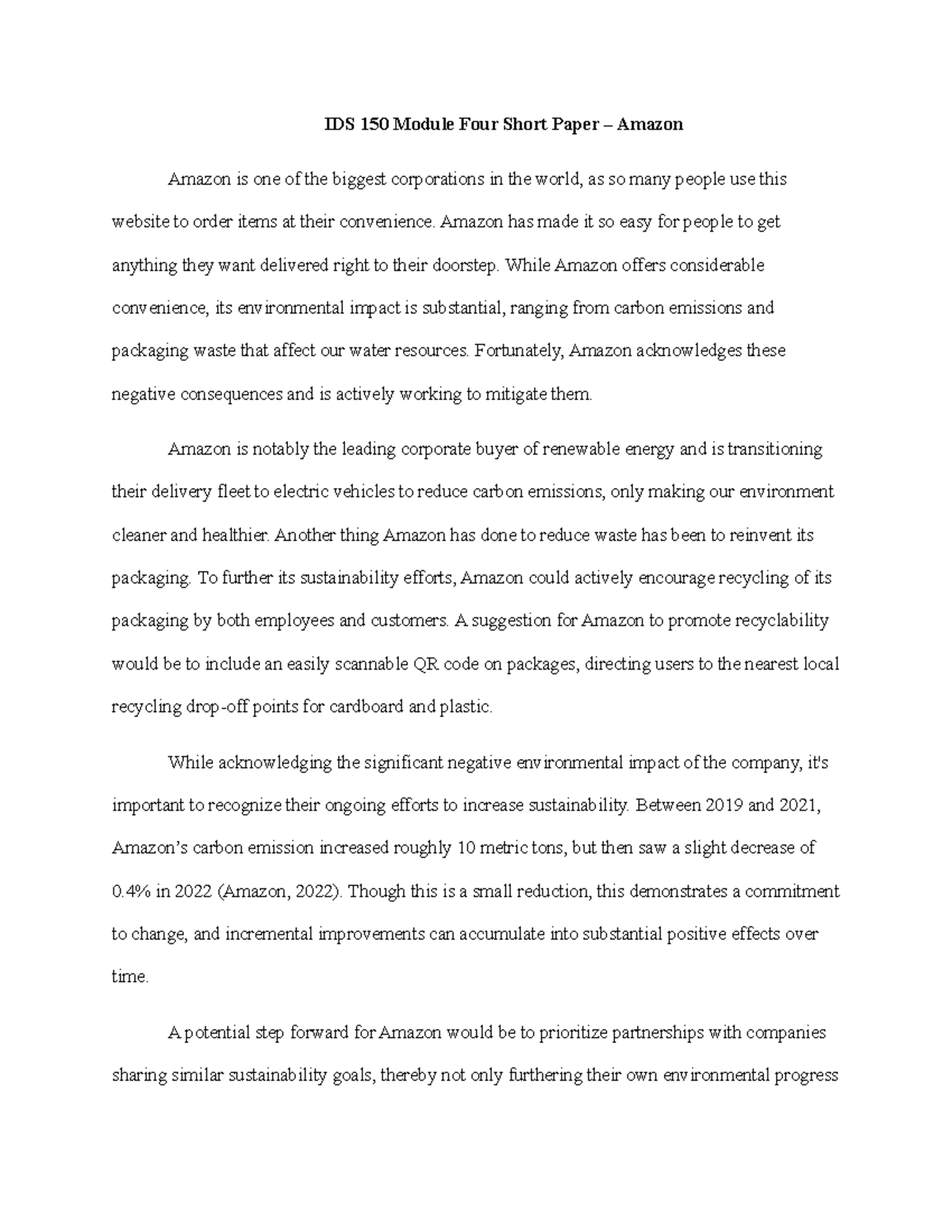 IDS 150 Module Four Short Paper - Amazon - IDS 150 Module Four Short ...