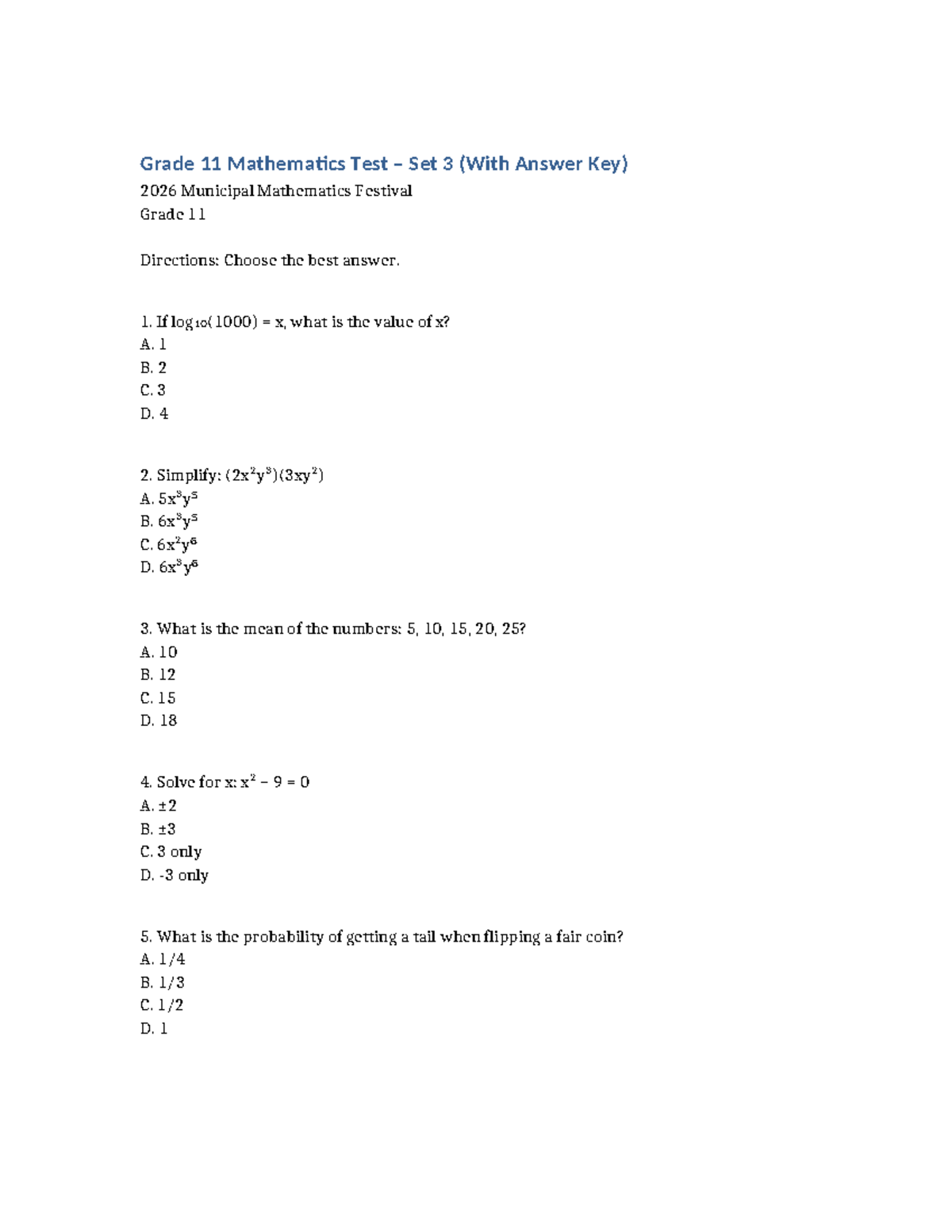 Grade 11 Math Test Set 3 (Answer Key) - 2026 Festival - Studocu