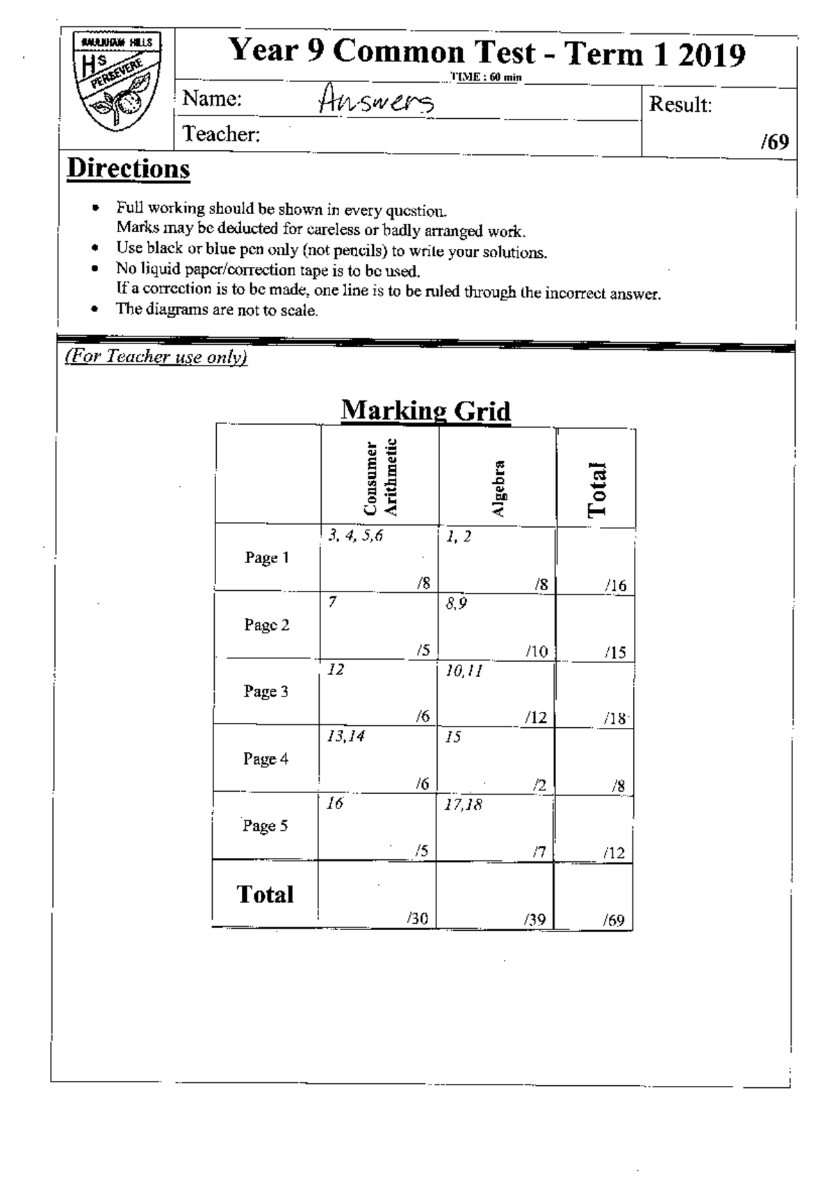 BAULKHAM HILLS Year 9 Term 1 2019 Common Test Solutions - Studocu