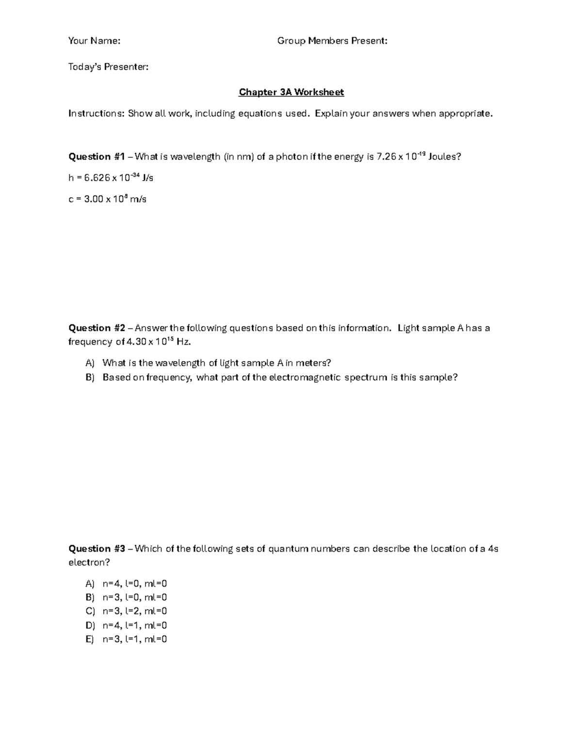 Chapter 3A Quantum Mechanics Worksheet - Problems & Solutions - Studocu