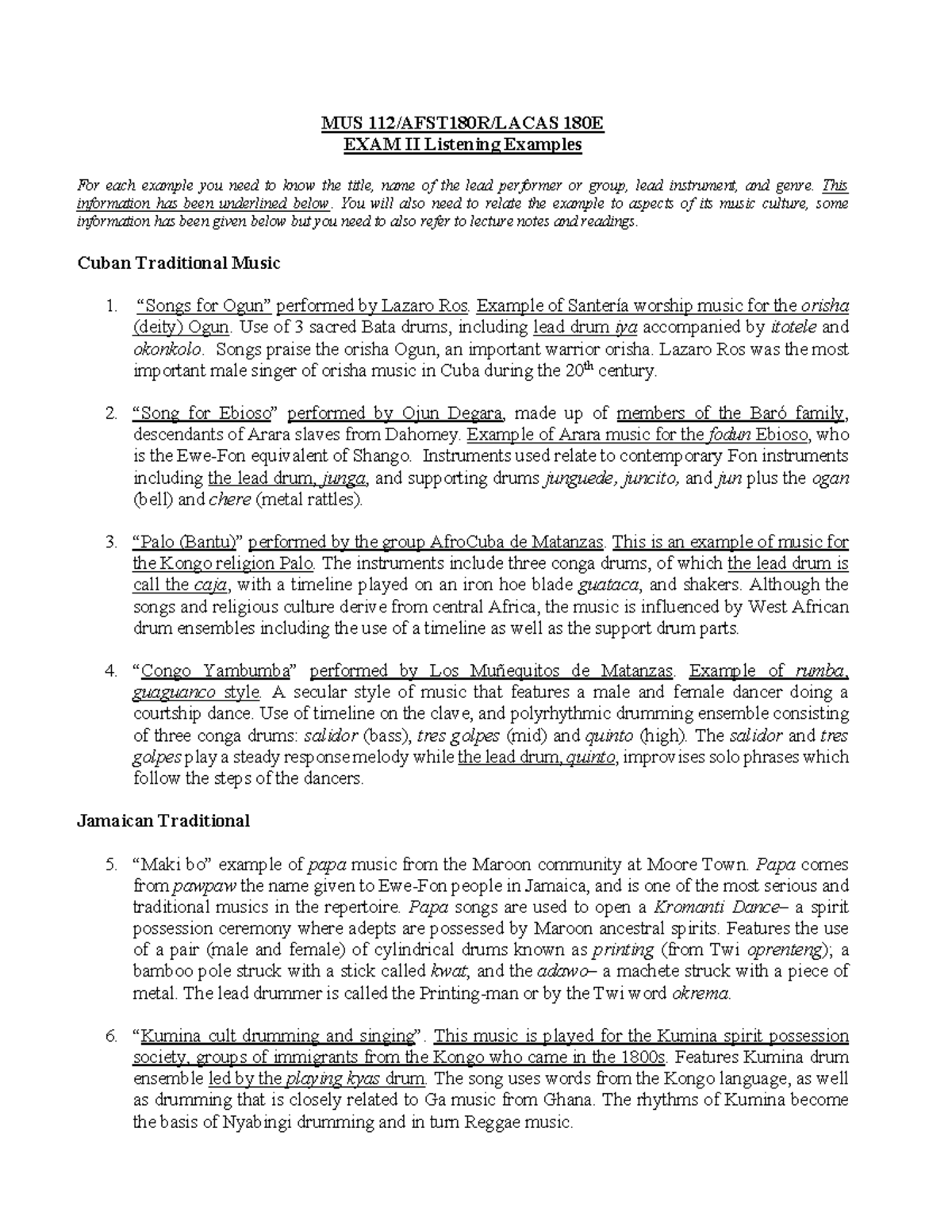 MUS 180E EXAM II Listening Notes: Cultural Music Examples - Studocu