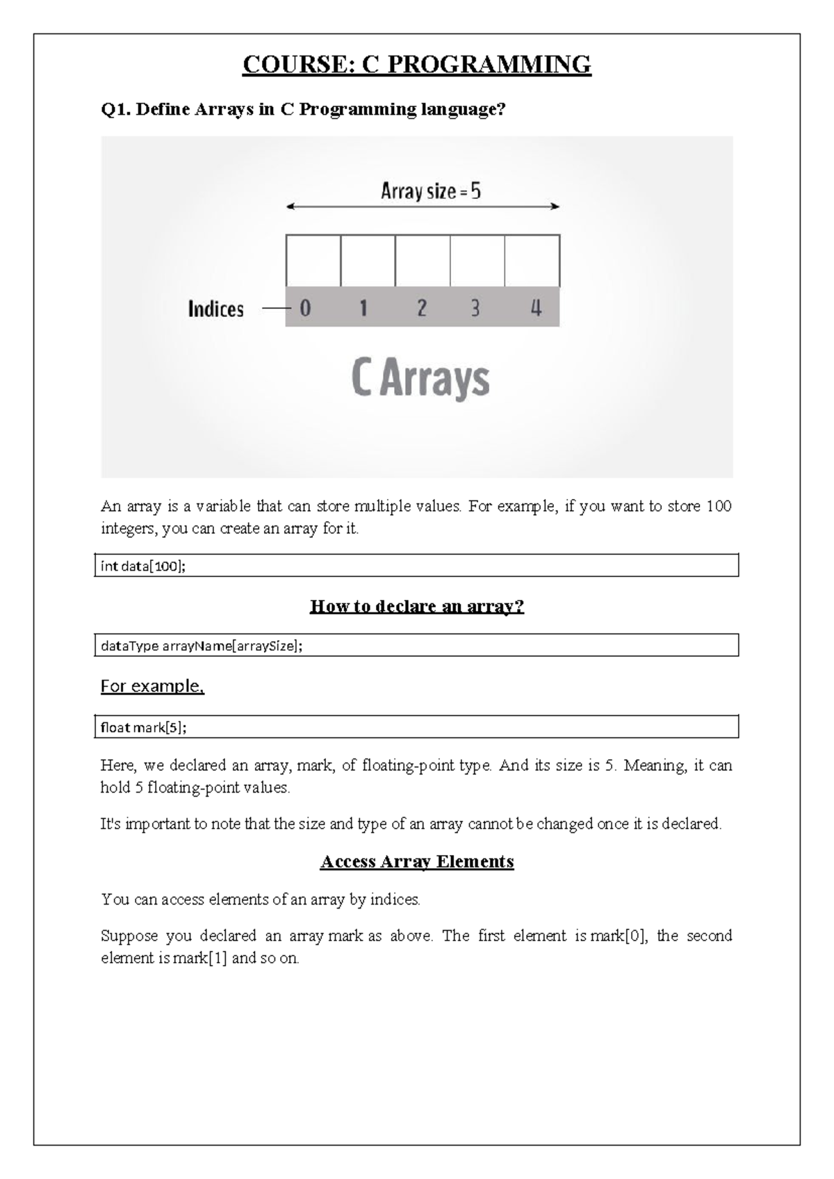 C Programming: Understanding Arrays and Their Usage - Studocu