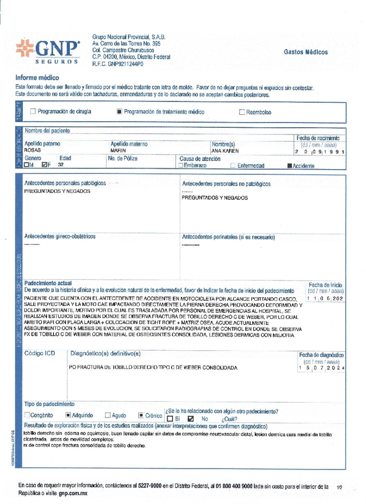 Informe Médico GNP 2024: Detalles de Tratamiento y Diagnóstico - Studocu