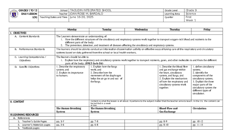 Grade 9 Science Daily Lesson Log: Circulatory & Respiratory Systems ...