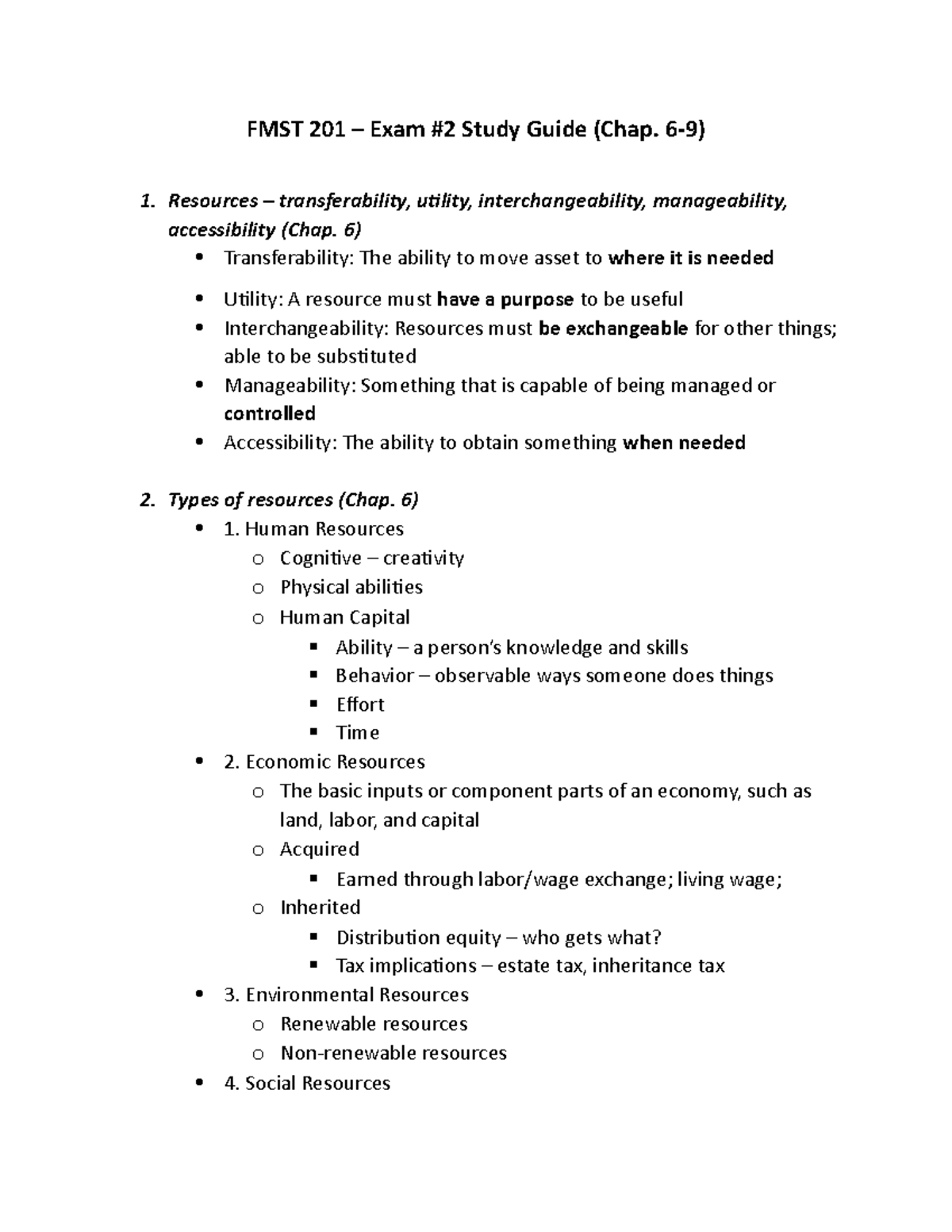 FMST 201 - Exam 2 Study Guide: Resource Management Concepts - Studocu