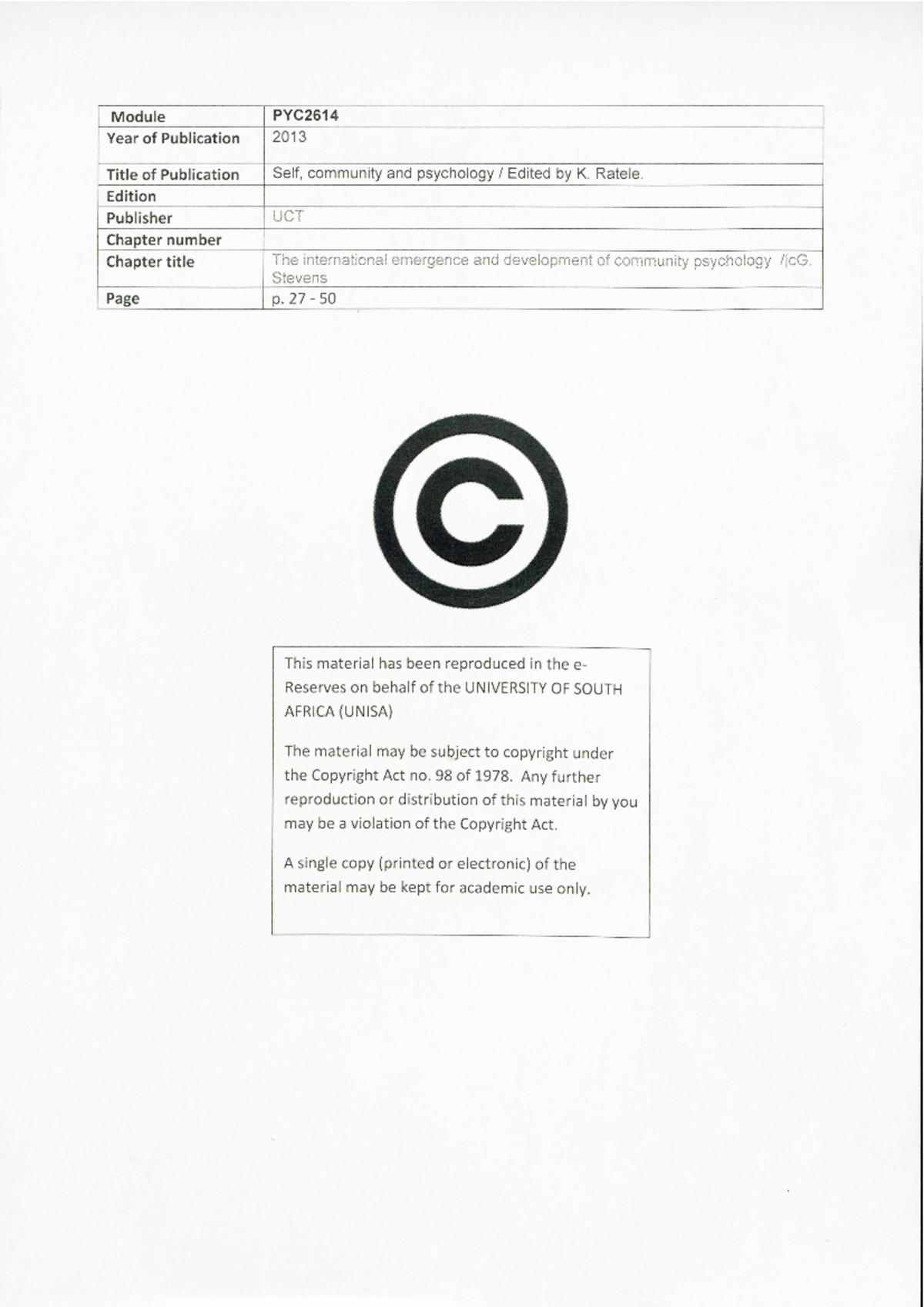 Stevens 2013: Evolution and Impact of Community Psychology - Studocu