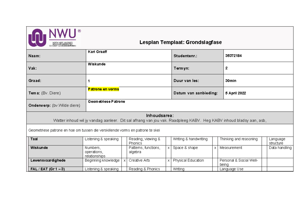 Lesbeplanning: Geometriese Patrone en Vorms - Graad 1 (Wiskunde) - Studocu
