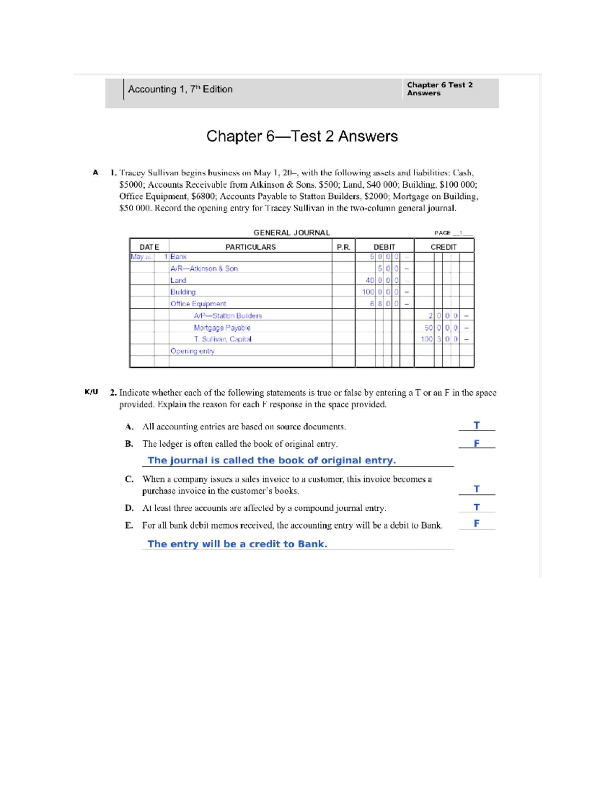 Accounting 1 C.6 Test 2: Detailed Answers & Journal Entries - Studocu