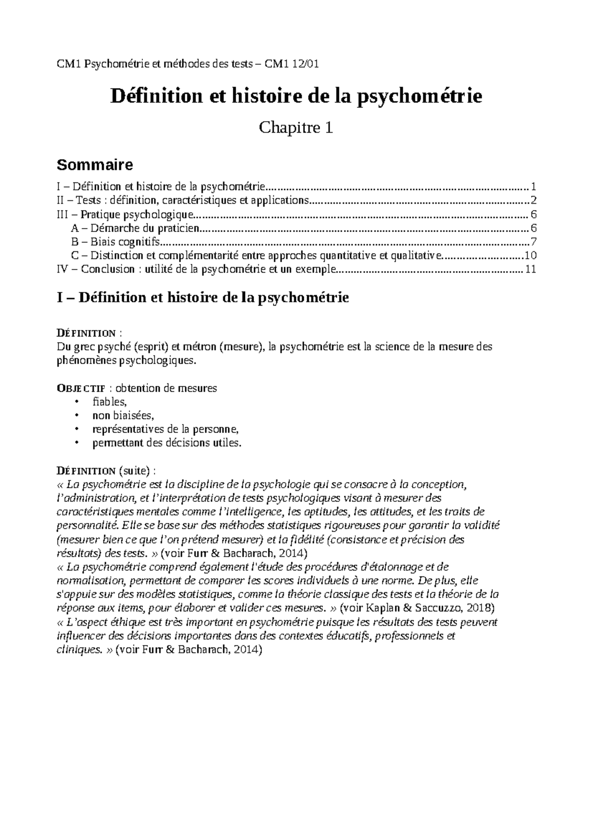 CM1 - Psychométrie et Méthodes des Tests : Définition et Histoire - Studocu
