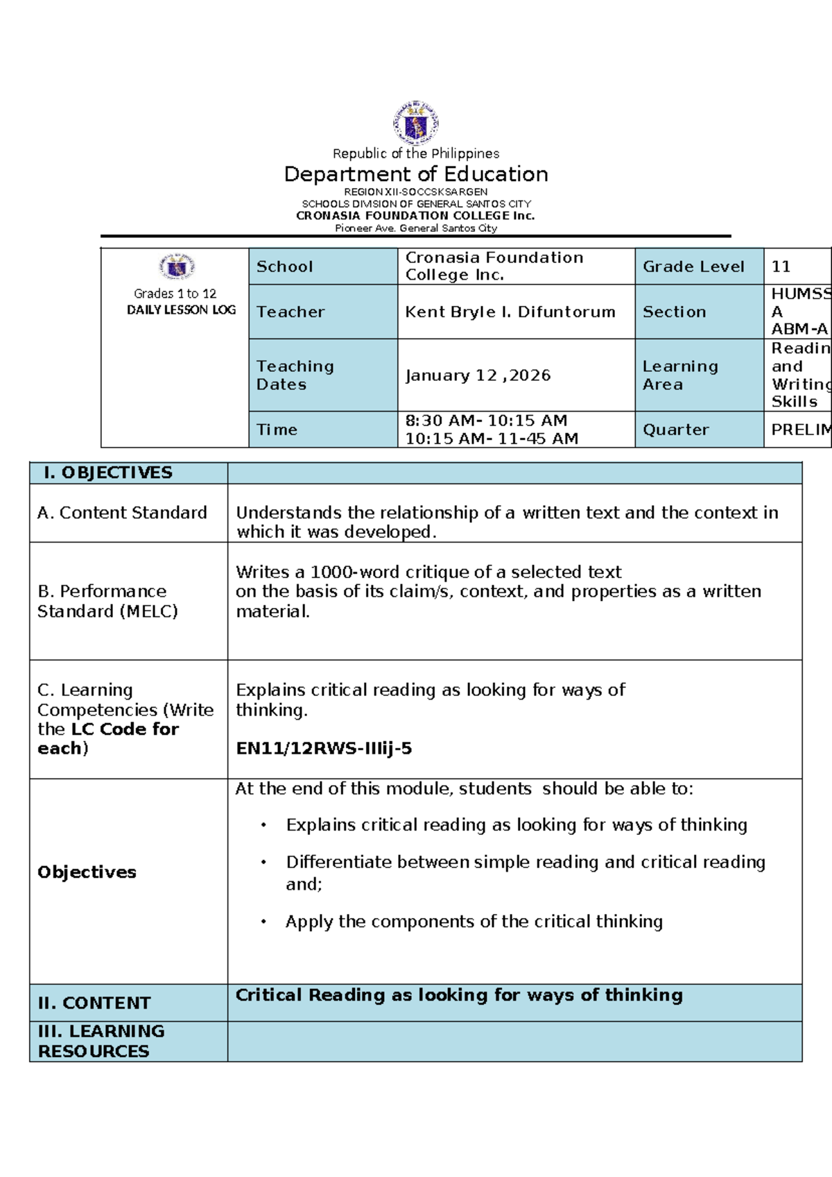 HUMSS A Reading and Writing Skills Lesson Plan - Prelim 1 - Studocu