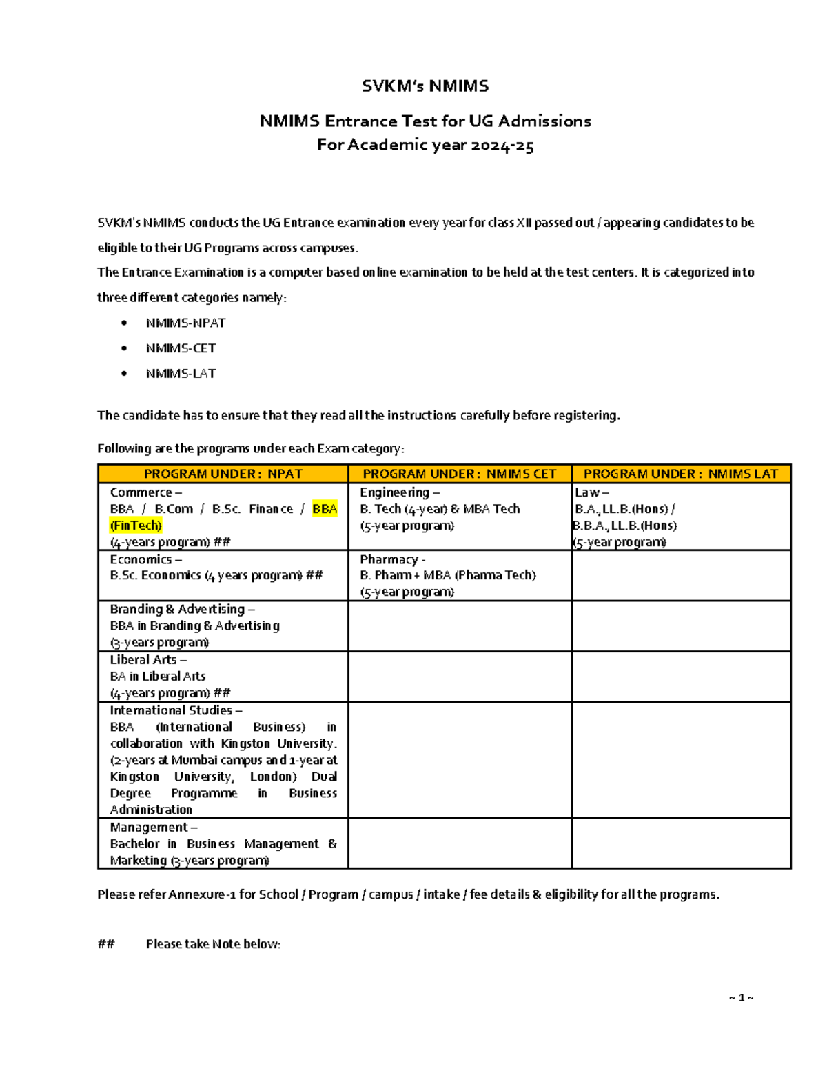 Common-handout-NPAT NLAT NCET-2024 - SVKM’s NMIMS NMIMS Entrance Test ...