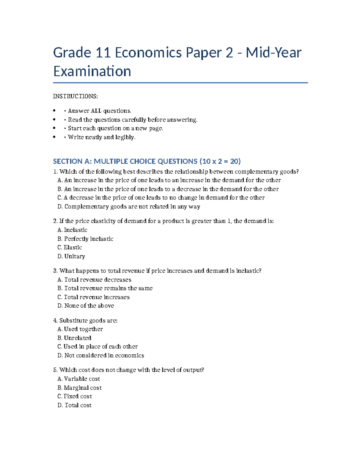Grade 11 Economics - Mid-Year Exam Paper 2 Review Guide - Studocu