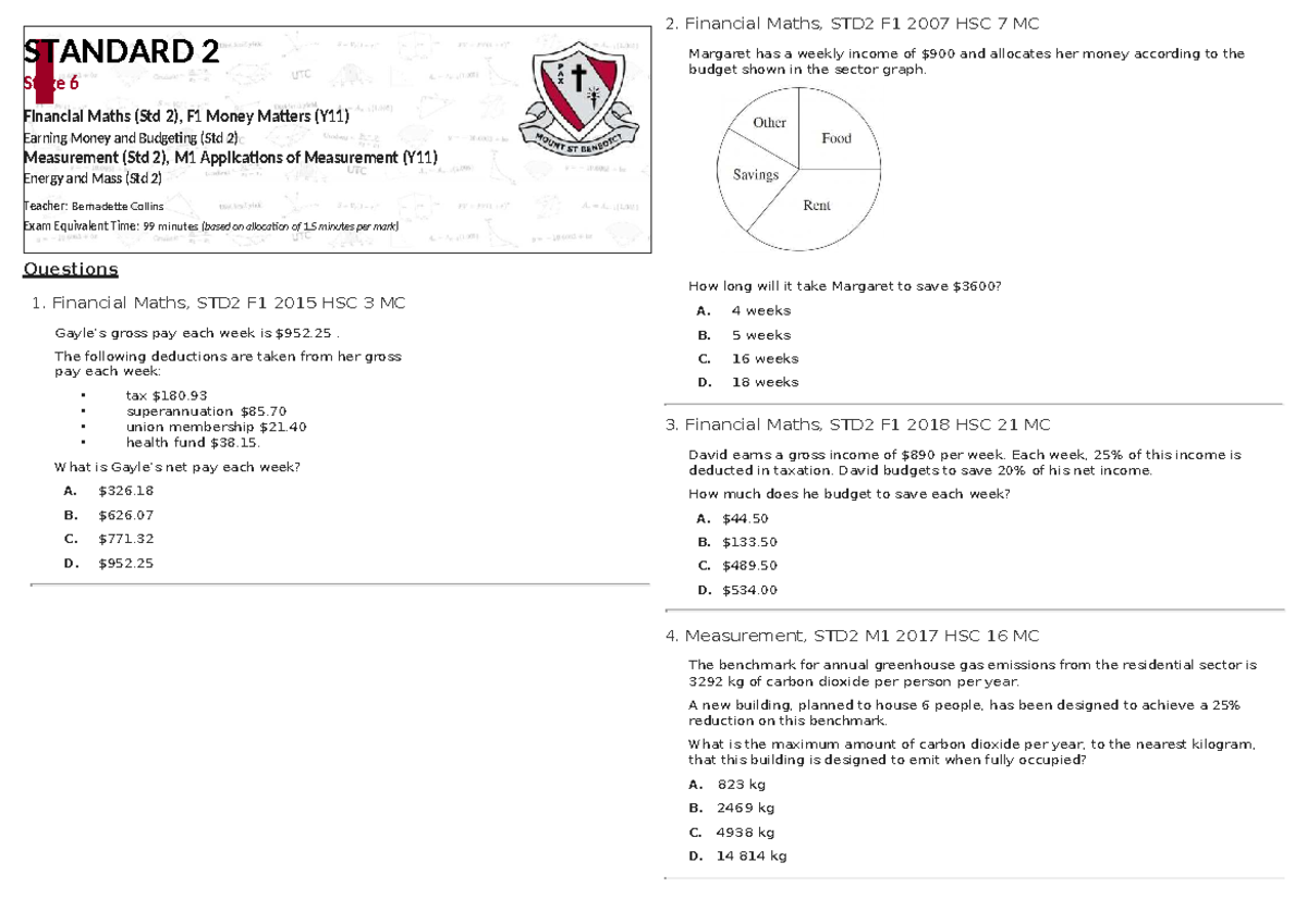 Financial Maths & Measurement Exam Prep, STD2 F1 & M1 HSC 2005-2024 - Studocu