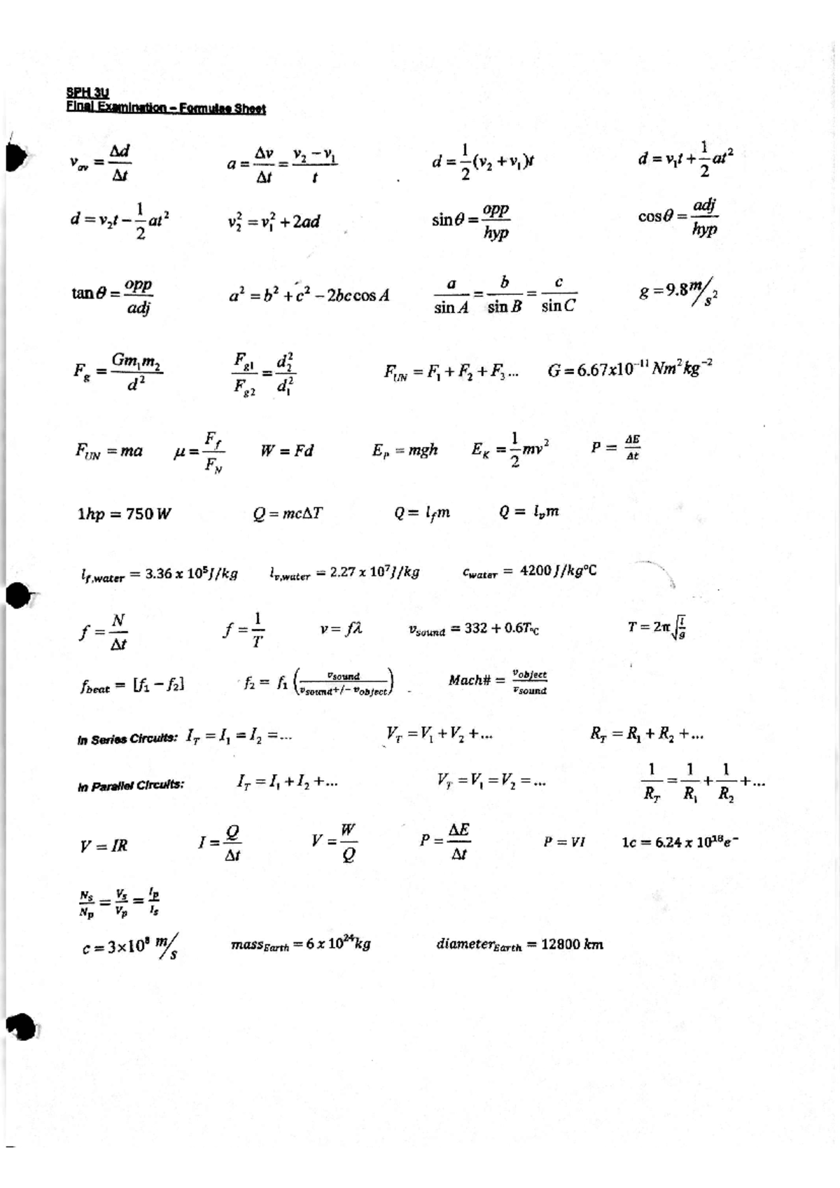 Grade 11 Physics Formula Sheet - SPH 3U Final Examination Formulae ...