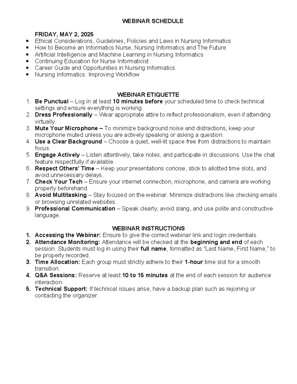 WEBINAR SCHEDULE & ETIQUETTE: NURSING INFORMATICS - MAY 2, 2025 - Studocu