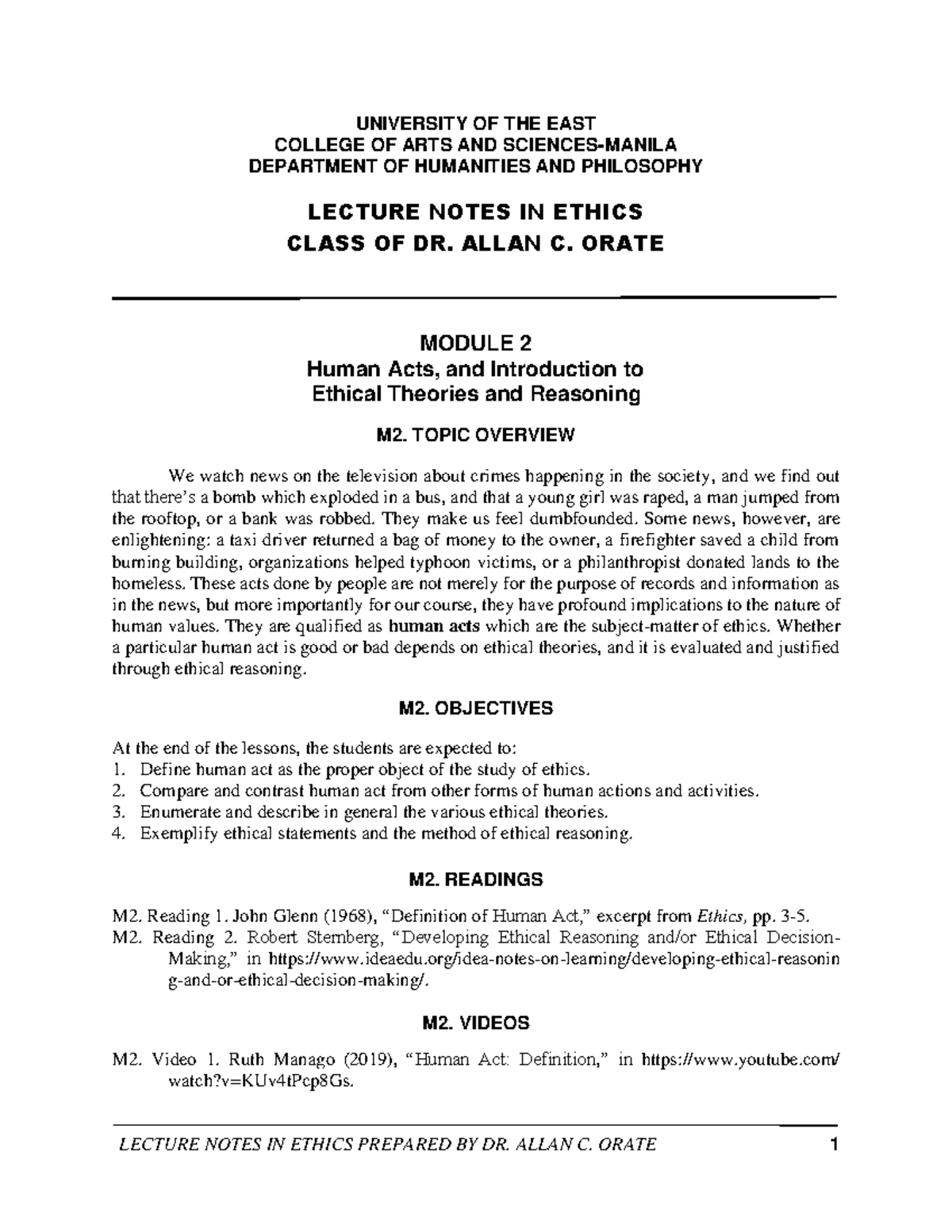 LECTURE NOTES IN ETHICS (M2): Human Acts & Ethical Theories Overview ...
