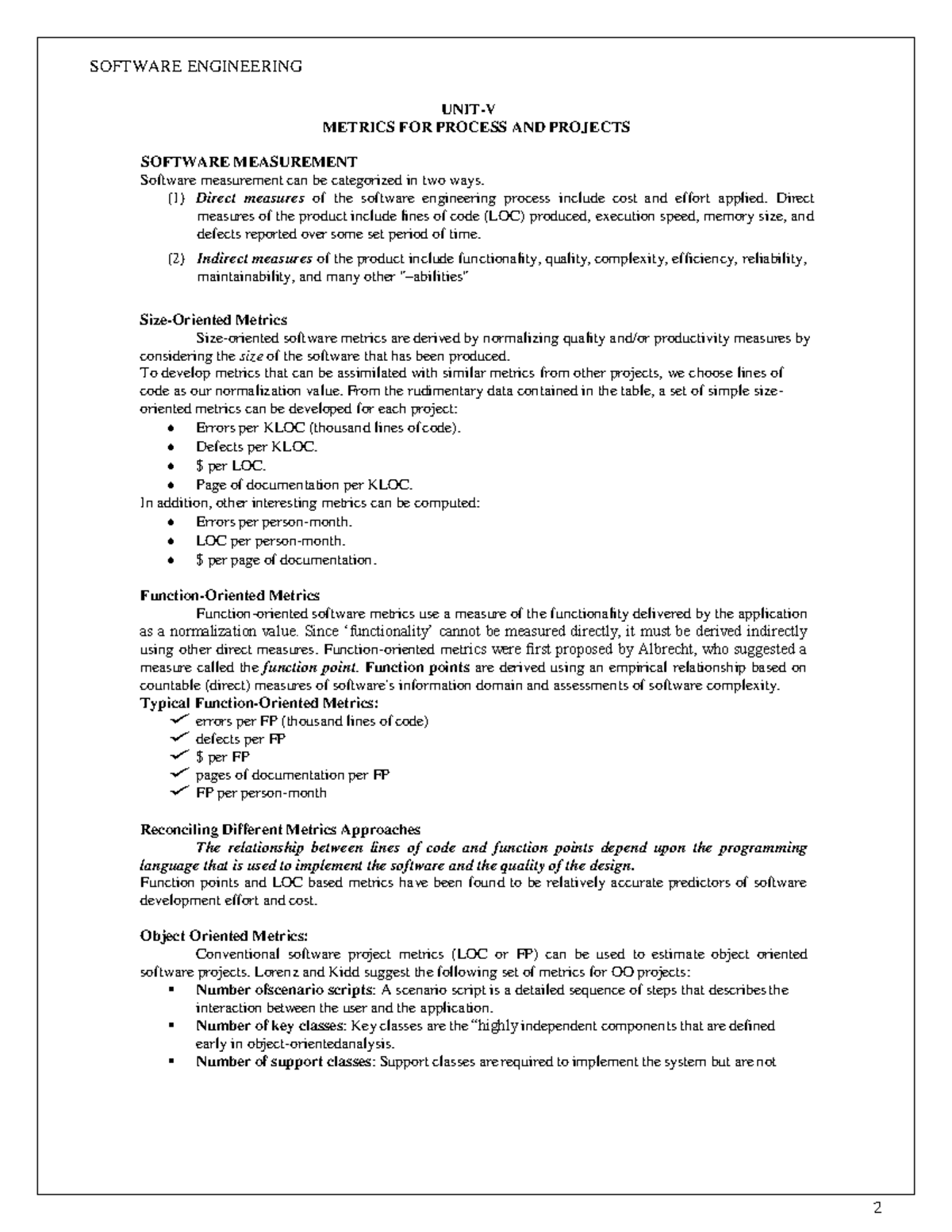 SE Lecture Notes: Software Engineering Metrics & Quality Management ...